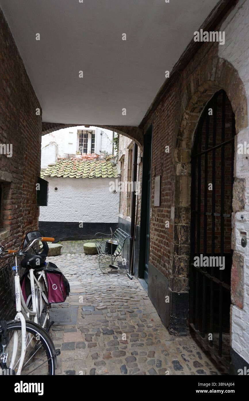 A narrow cobblestone alleyway with a brick building on the left and a ...