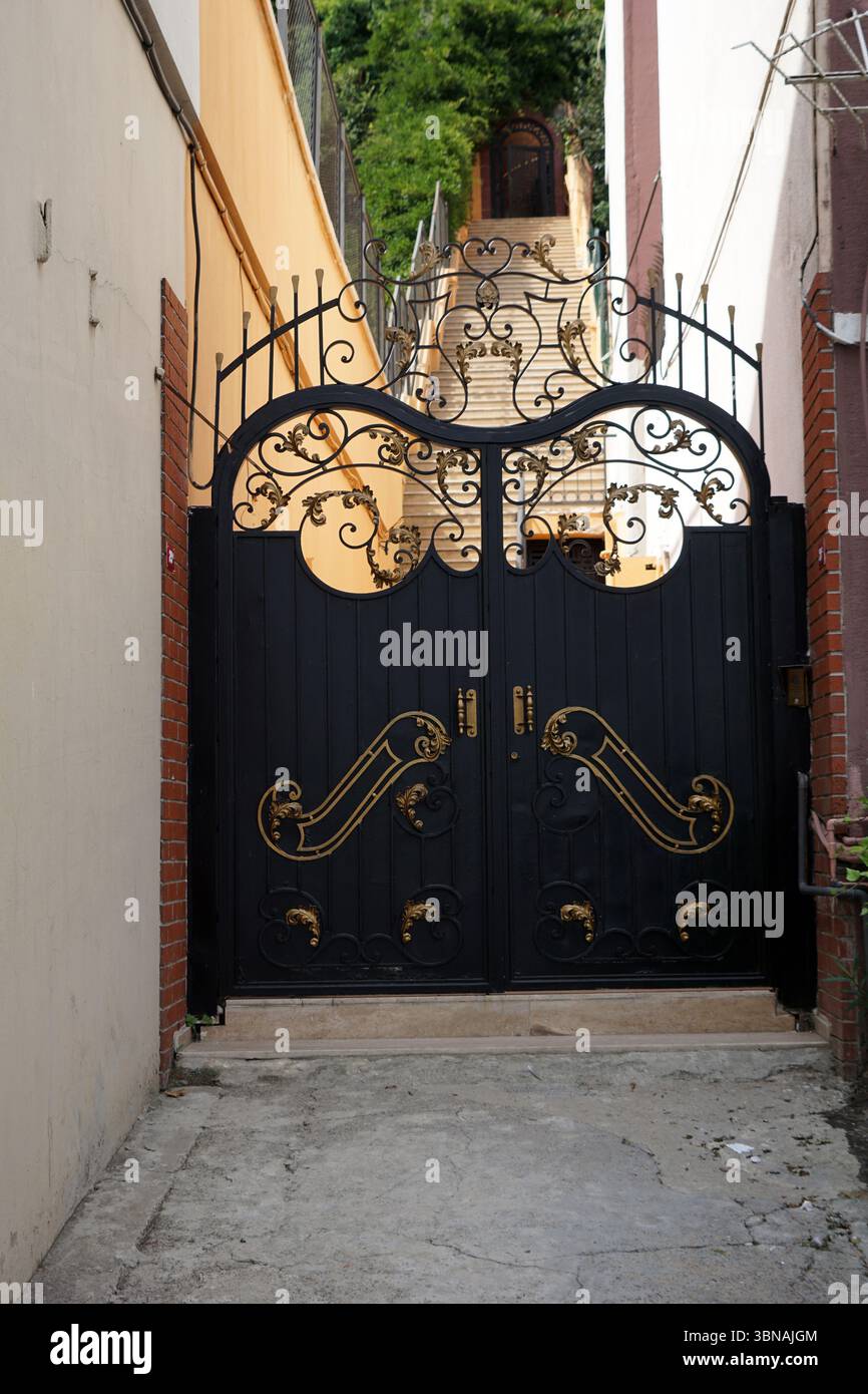 A narrow alleyway flanked by two buildings, one on the left and one on ...