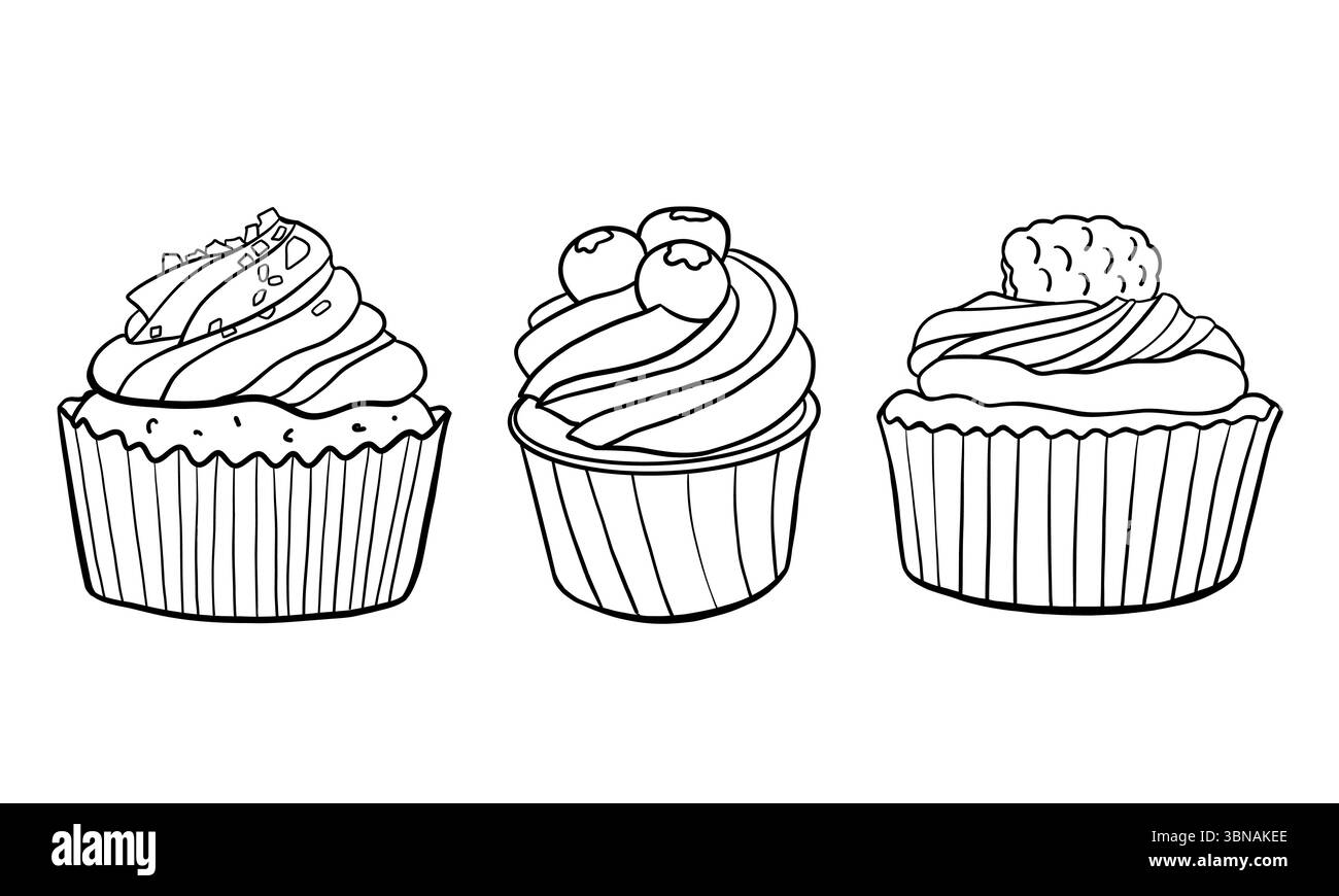 Cupcake line set. Black doodle food illustration in line style. Vector clip-art illustration on ...