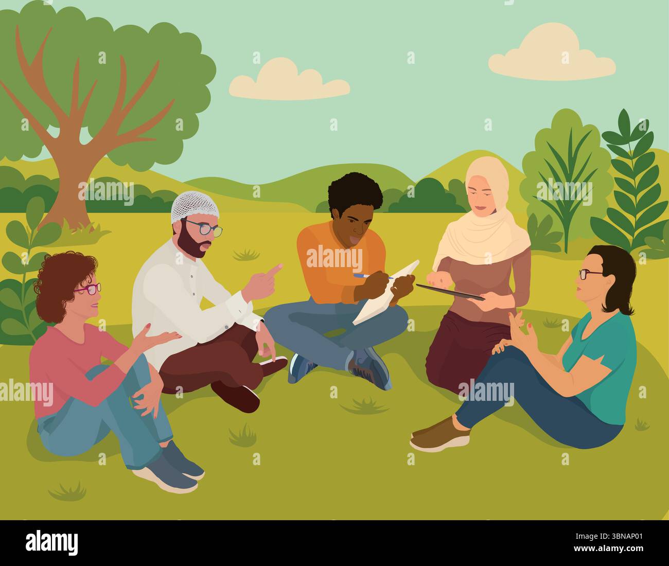 Diverse people collaborating outdoors in casual setting showing ...