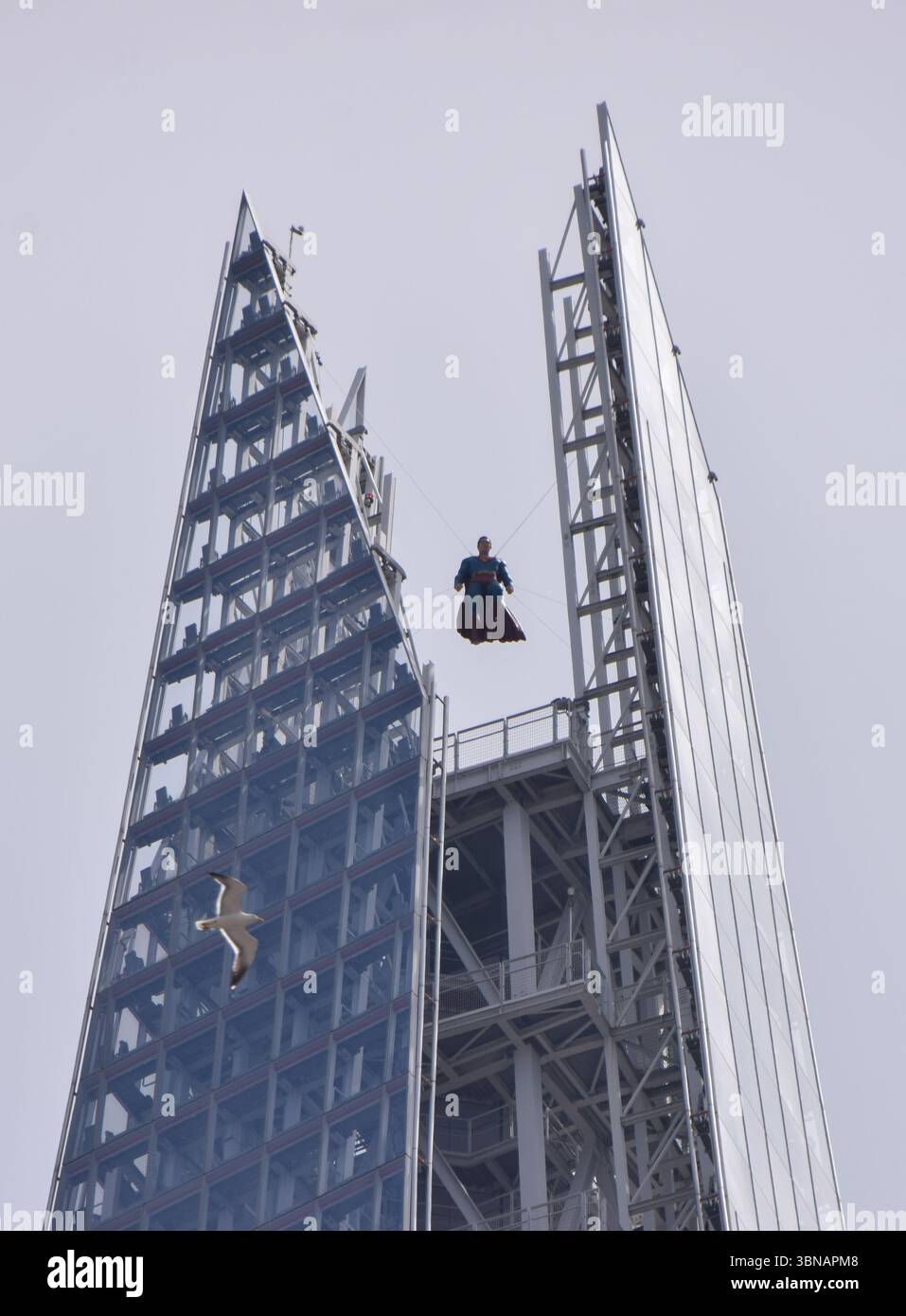 London, UK. 1st July 2025. Superman is suspended on top of The Shard ...