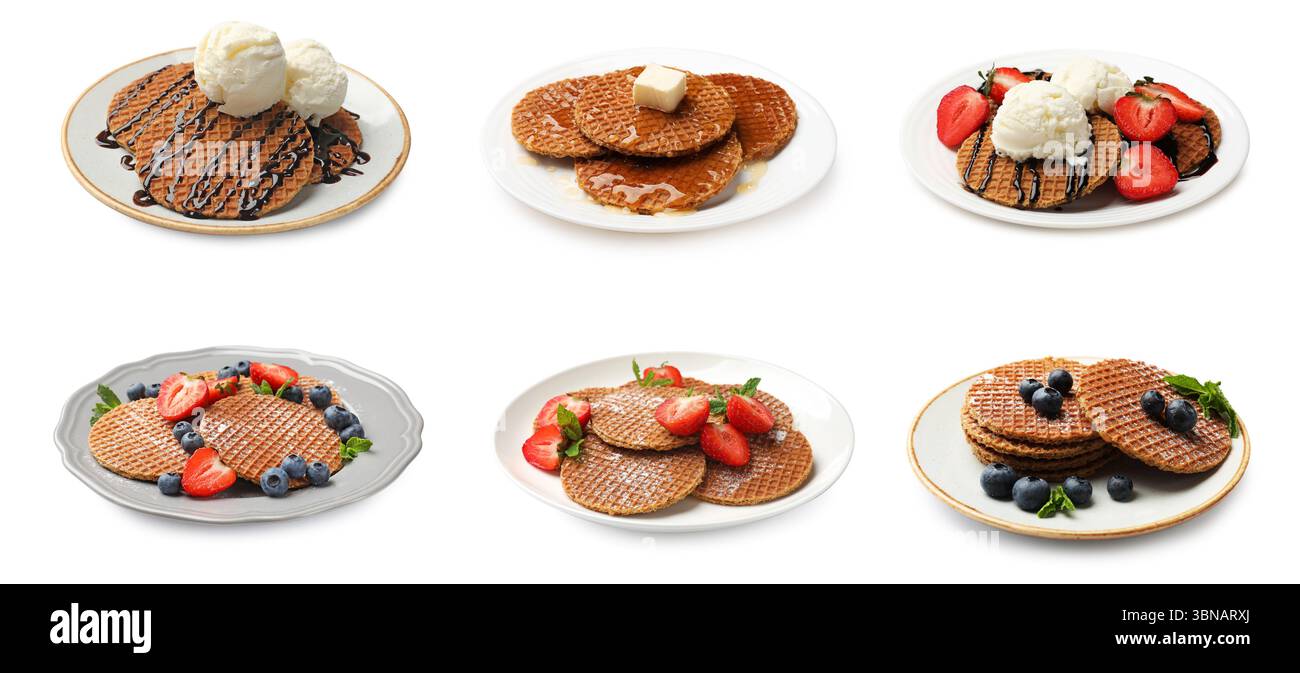 Yummy Dutch waffles (stroopwafels) on white background, collage Stock ...