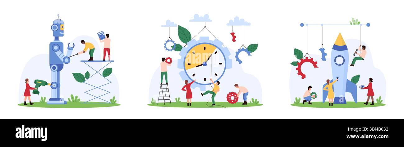 Improvement and optimization of tech solutions set. Tiny people of ...