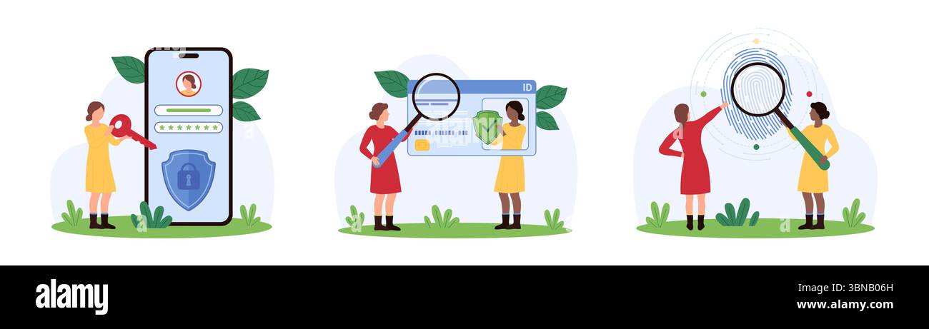 Secure access verification, authorization set. Tiny people research security shield for ID card ...