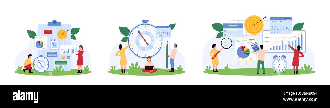 Time management, productivity skills development set. Tiny people study ...
