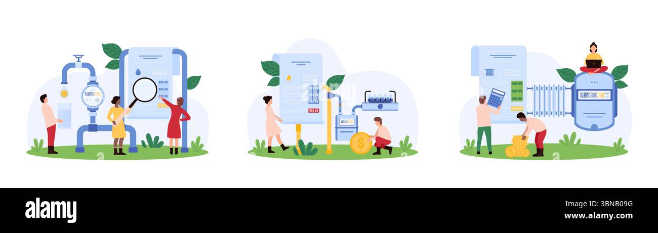 Utility bill payment set. Tiny people study with magnifying glass paper ...