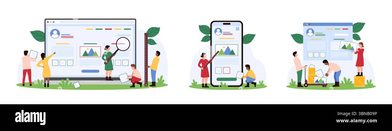 Website design making process set. Tiny people build webpage or mobile app UI in editor, update ...