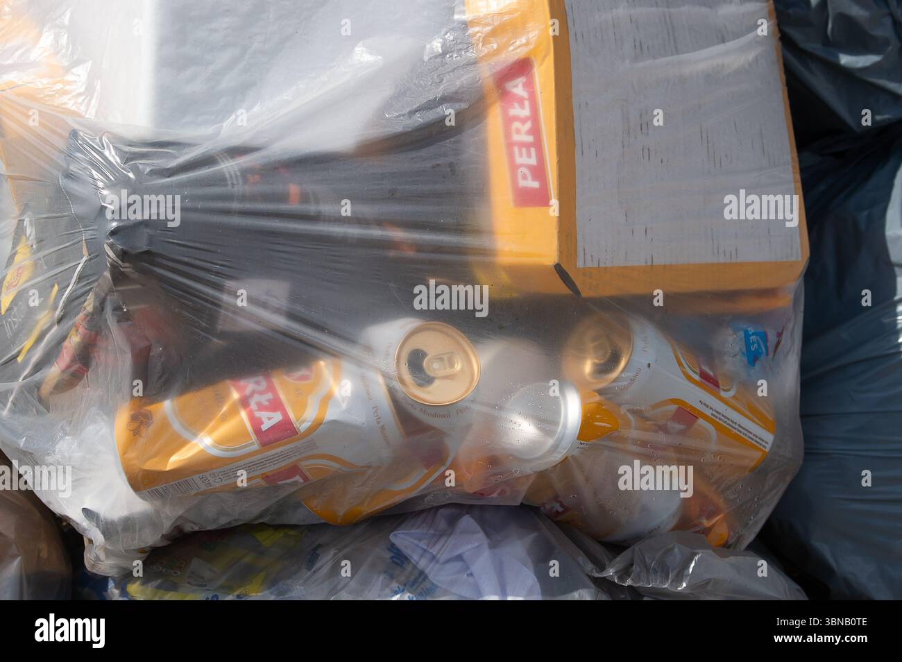 Taplow, UK. 1st July, 2025. Empty cans and boxes of Polish Perla beer ...