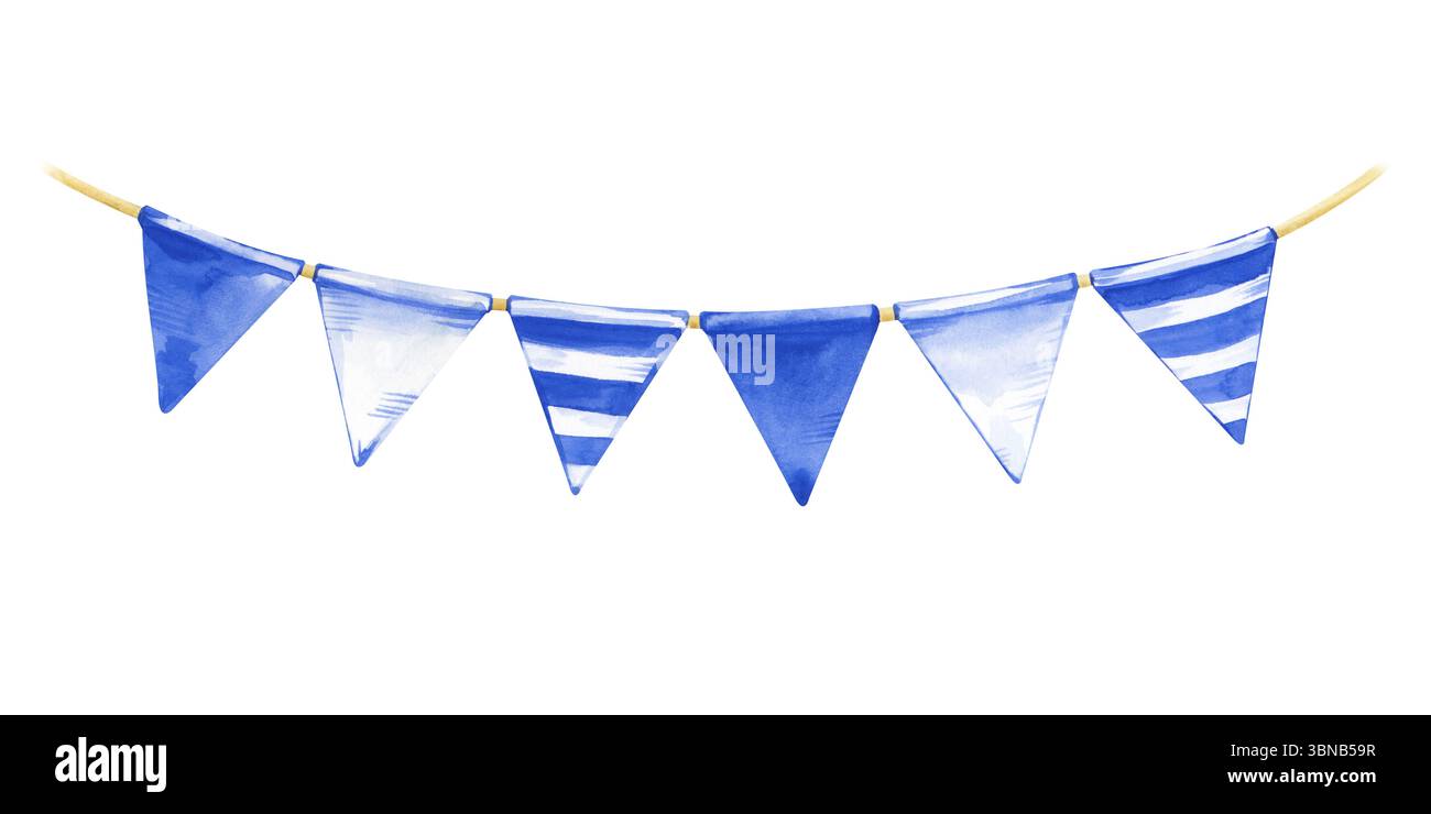 Small flags in white and blue on a rope. Watercolor illustration of ...