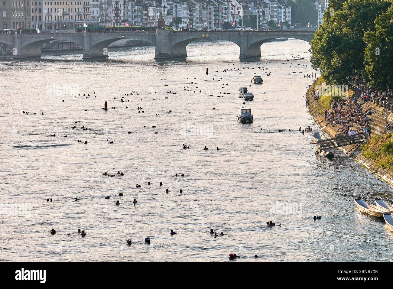 Hundreds of people floating down the river Rhine in the evening during ...