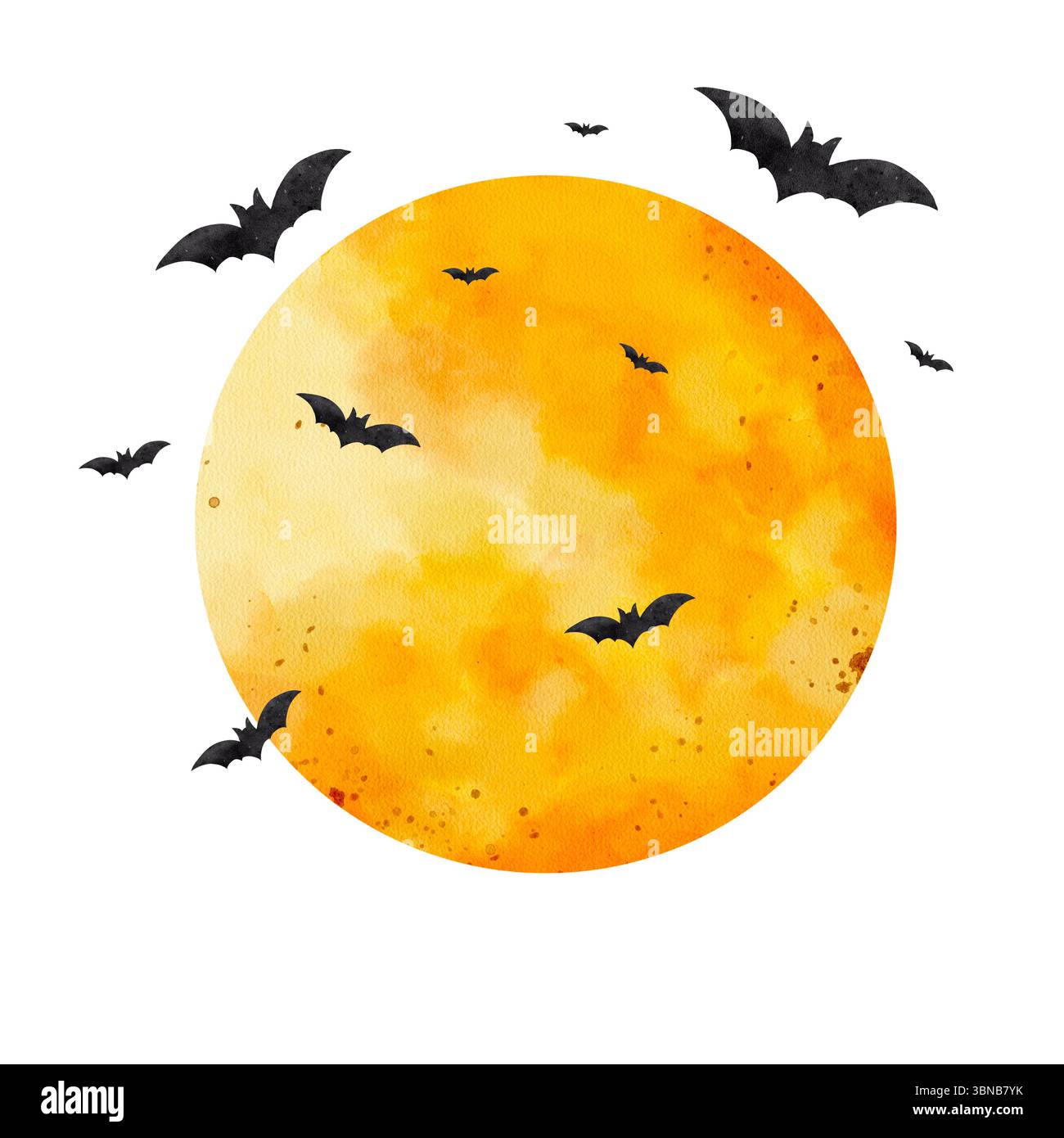 Watercolor illustration of black flying bats of different sizes against ...