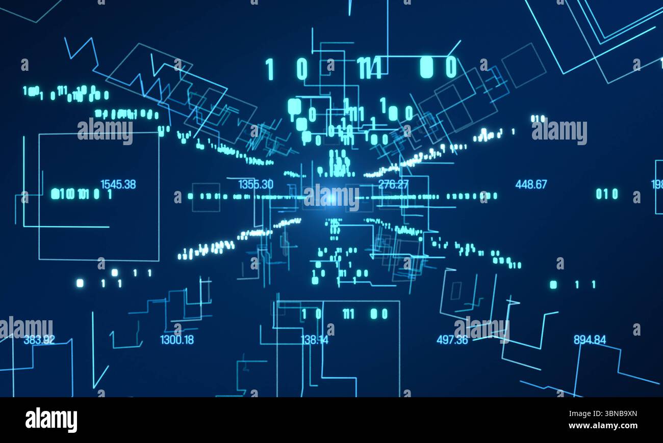 Futuristic moving shapes and wire frames, data, binary code and bits. Futuristic moving shapes ...