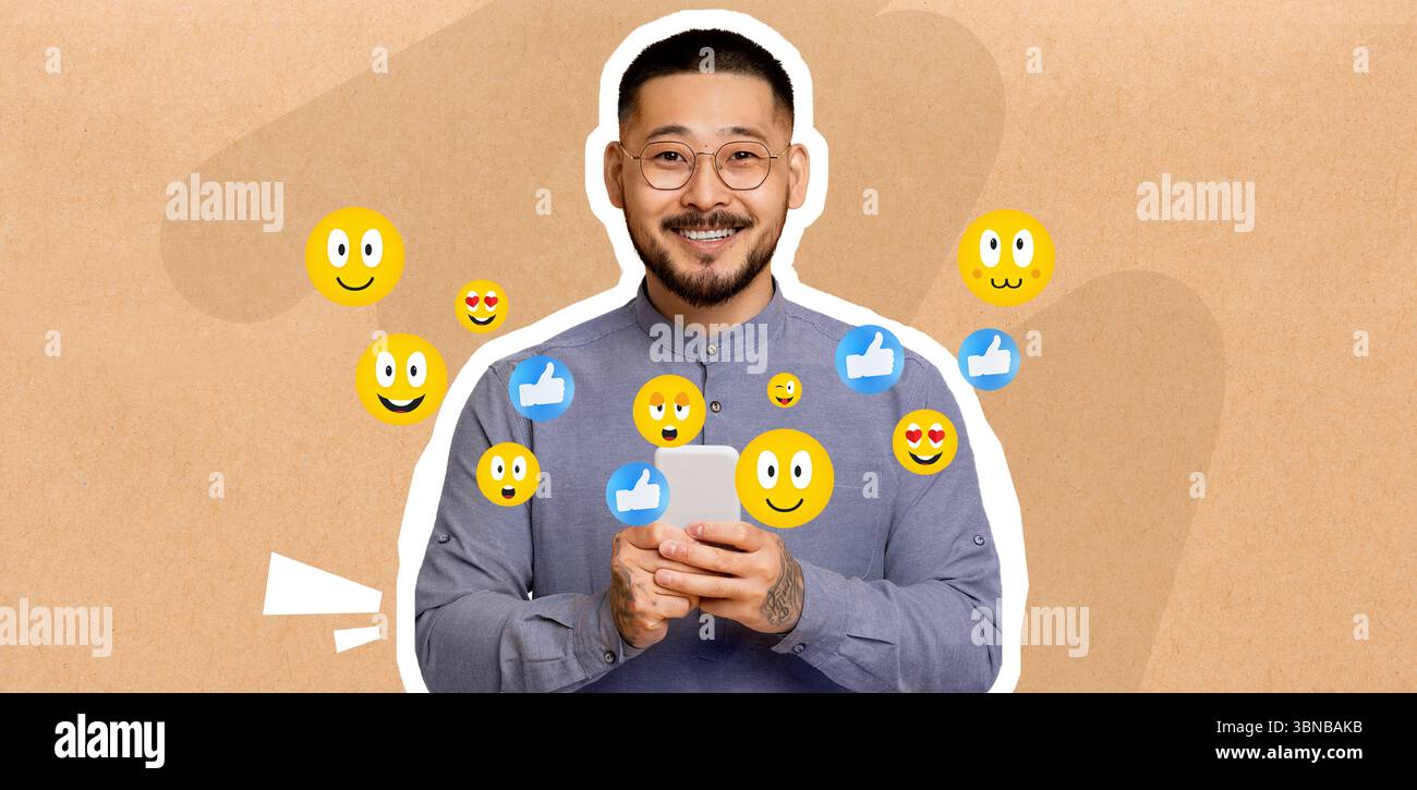 Man smiling while chatting on smartphone, engaging with social media ...
