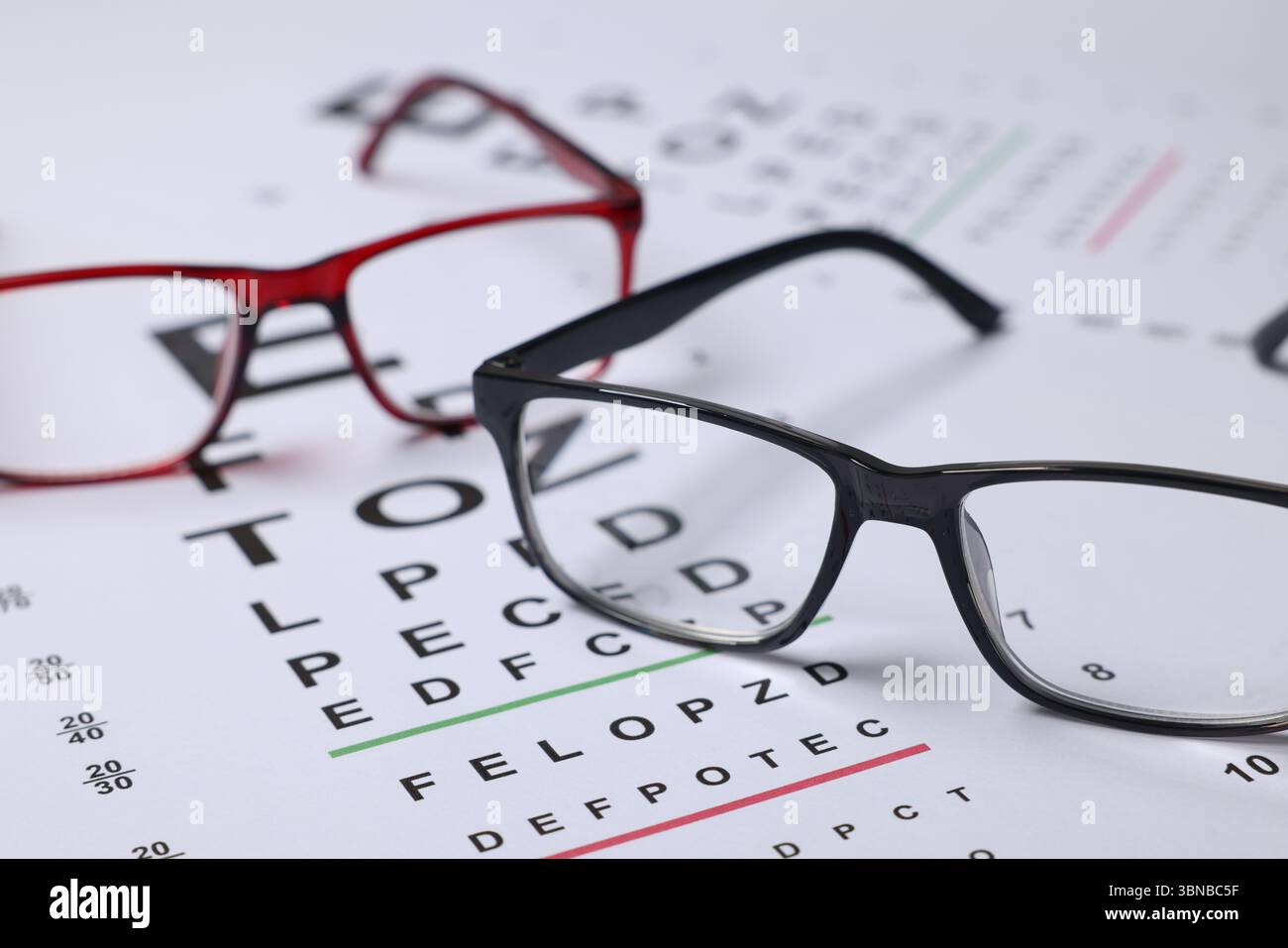 Glasses on vision test charts as background, closeup Stock Photo - Alamy