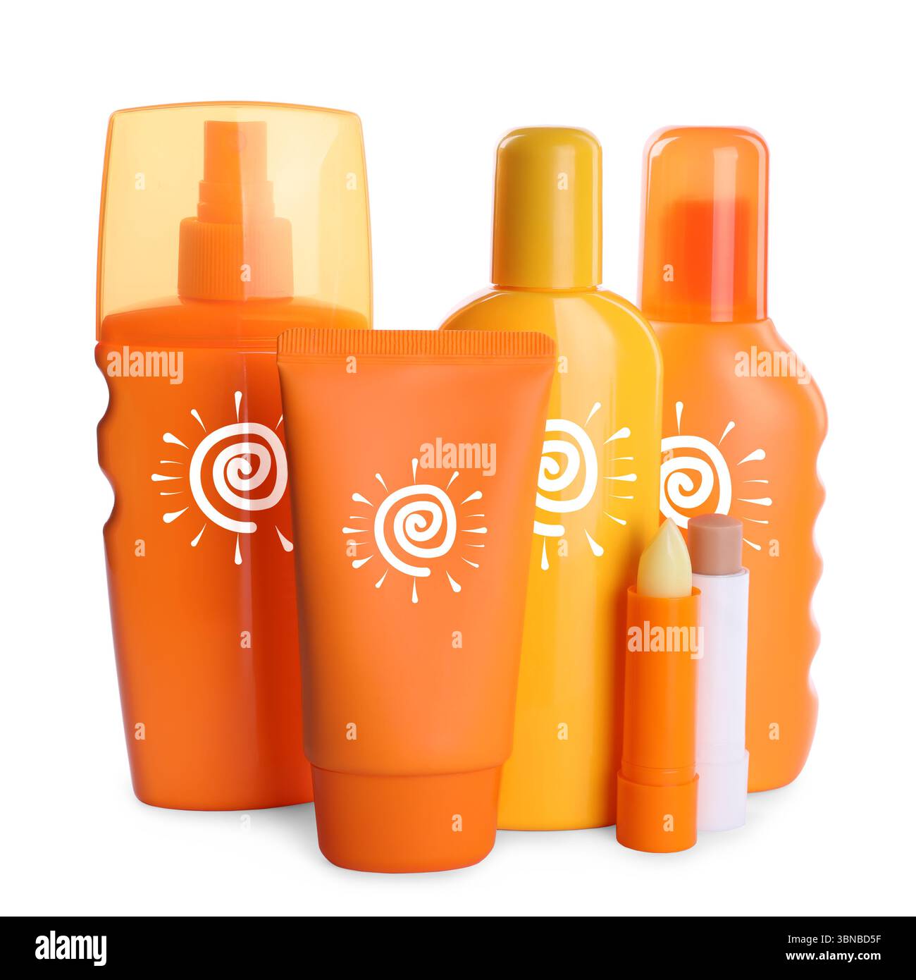 Sunscreen products isolated on white. Bottles and tube with drawings of ...