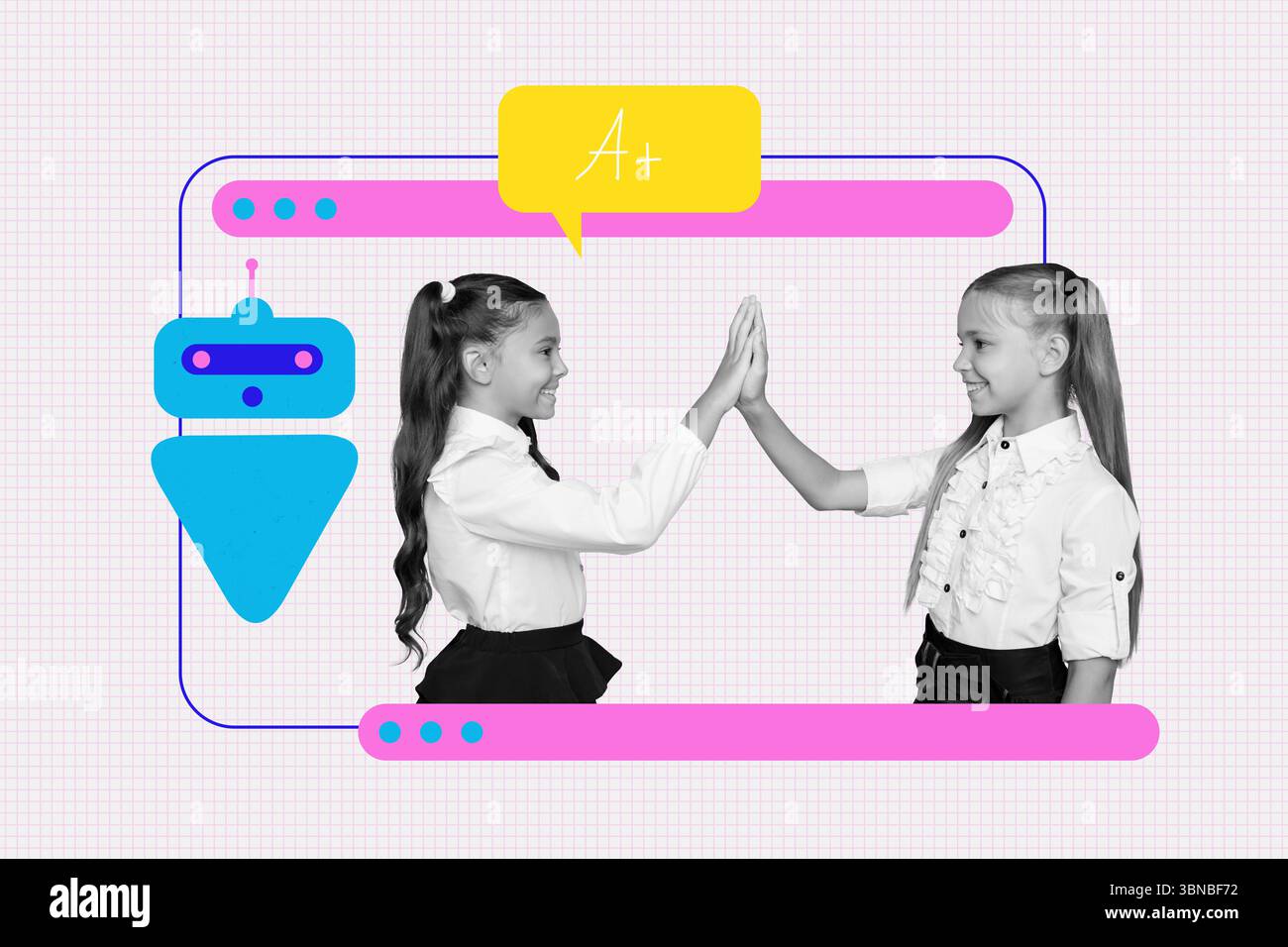 Full 3d art trend collage of two happy classmates schoolgirls give high ...