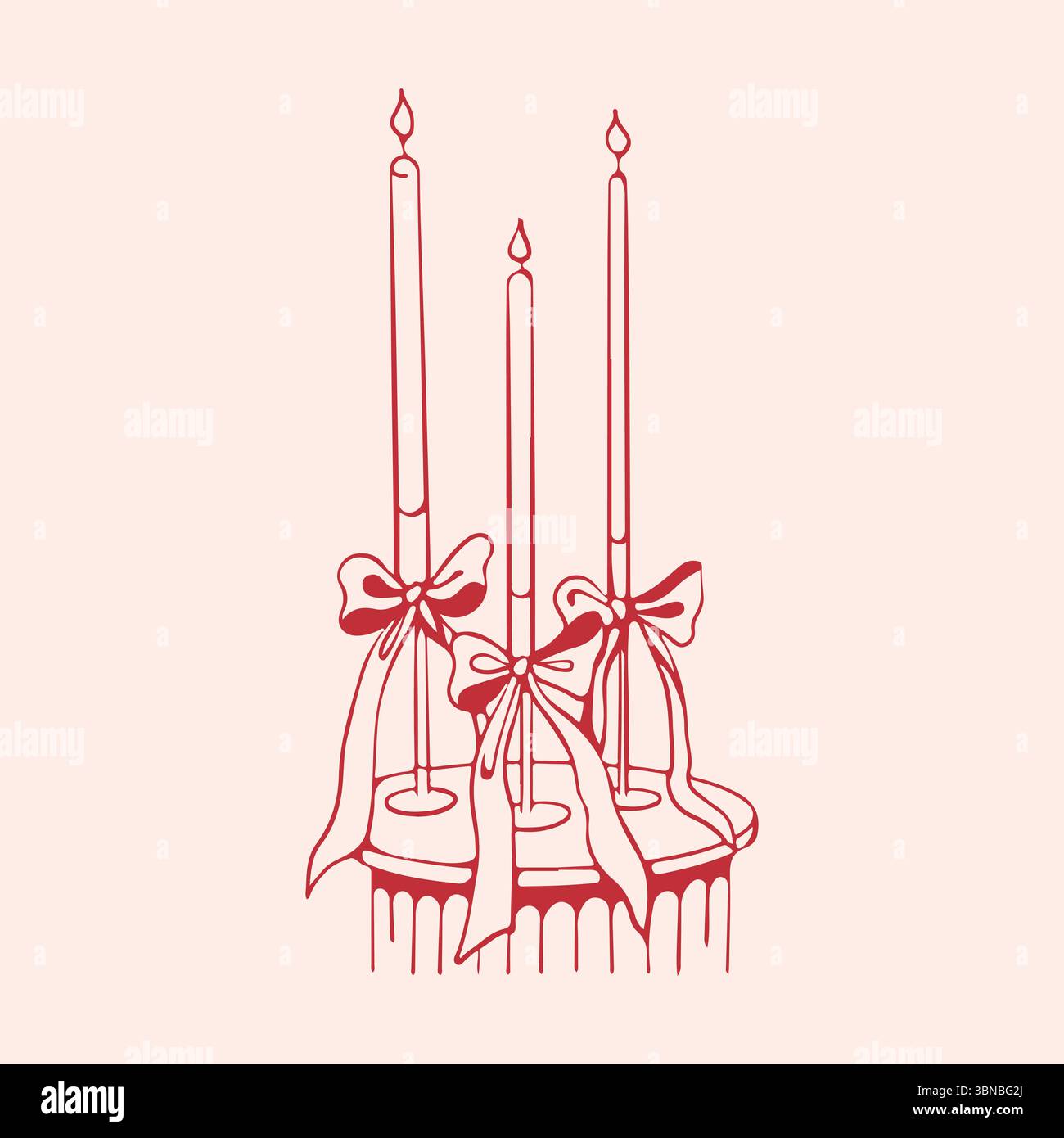 Hand drawn vintage elegant candles with outline bows in red color ...