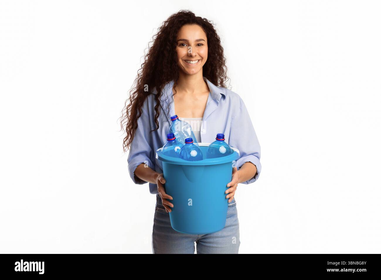 Lady Holding Garbage Bucket With Plastic Bottles Over White Background ...