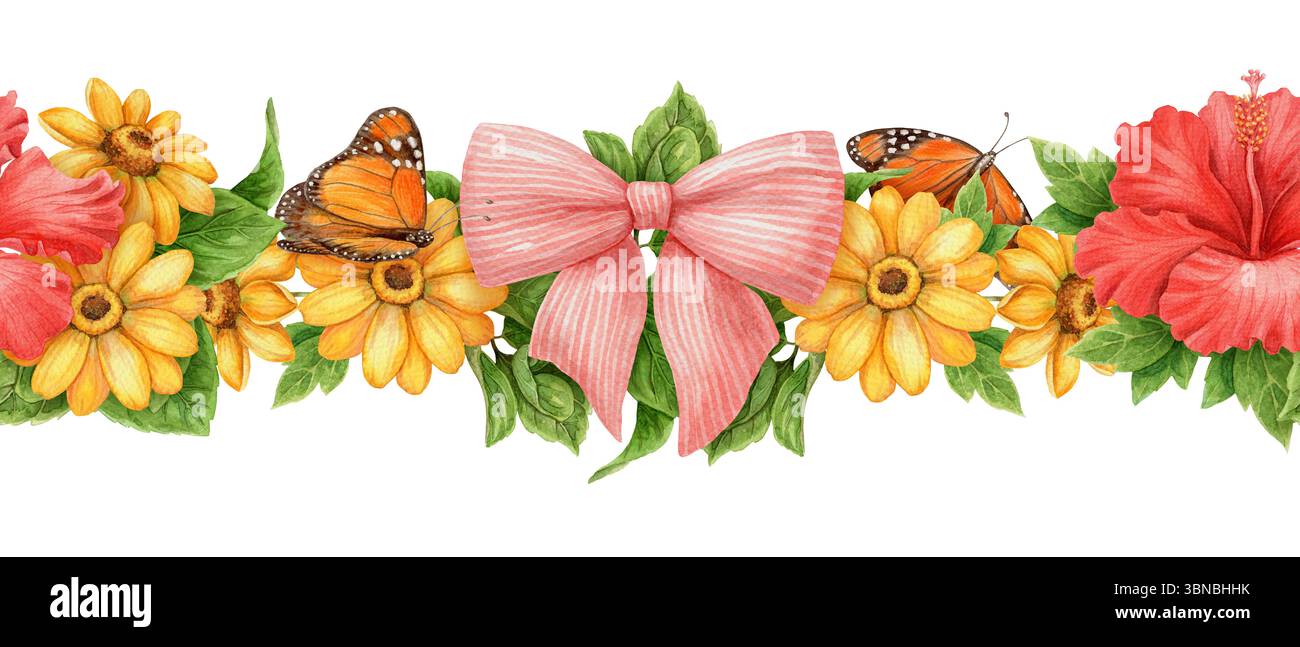 Seamless border with Monarch butterfly and hibiscus flower in vibrant ...