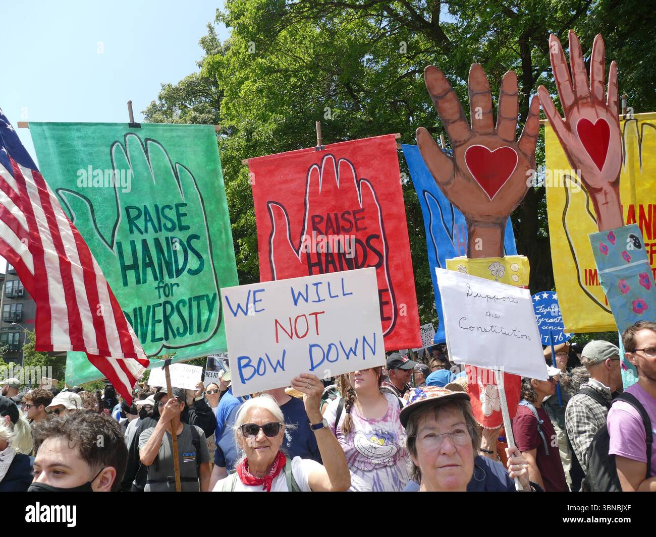 SEATTLE - JUN 14, 2025 - No Kings Rally - Diverse crowd rallying ...