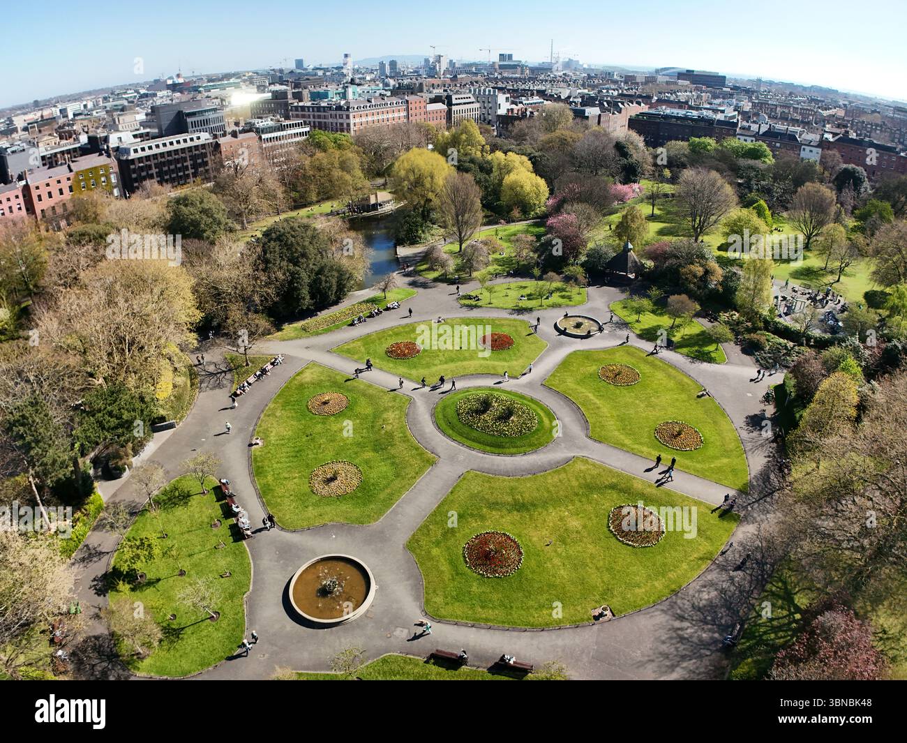 Dublin, Ireland - 9th April 2025 - Aerial image of Saint Stephen's Green fountain and garden ...
