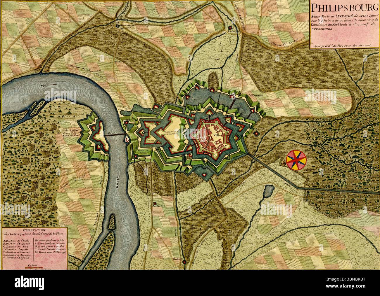 Historic 17th-century cartographic rendering depicting Philipsbourg's ...
