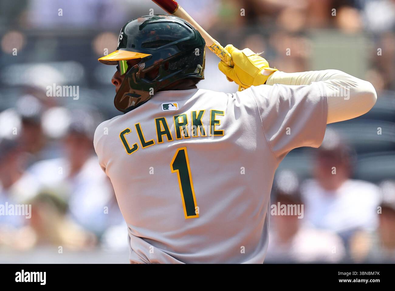 BRONX, NY - JUNE 29: Denzel Clarke #1 of the Athletics at bat during ...