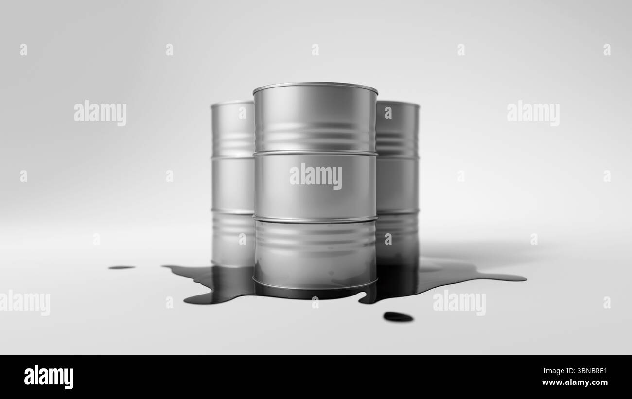 Three silver metal oil barrels stand on spilled puddle of crude oil on ...