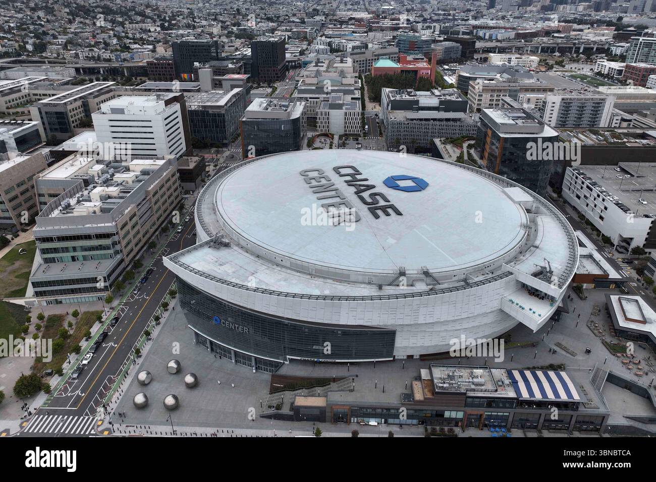 An aerial view of the Chase Center, Tuesday, June 24, 2025, in San ...