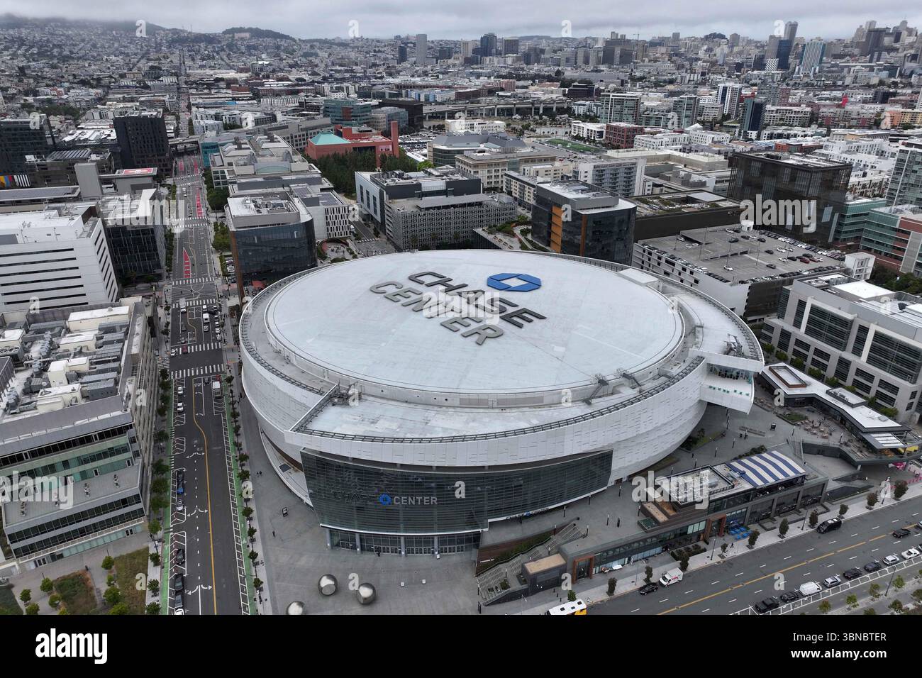 An aerial view of the Chase Center, Tuesday, June 24, 2025, in San ...