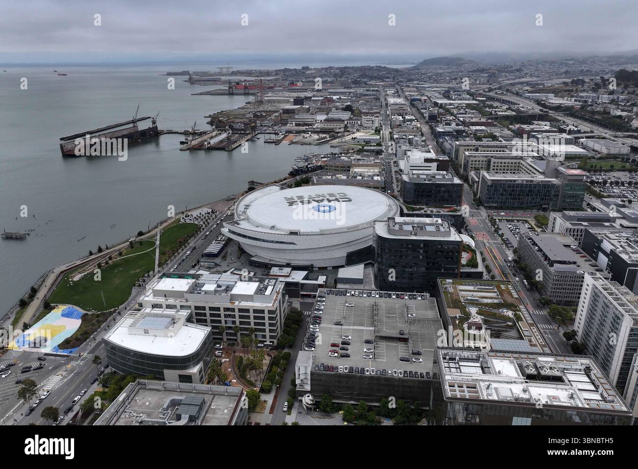 An aerial view of the Chase Center, Tuesday, June 24, 2025, in San ...