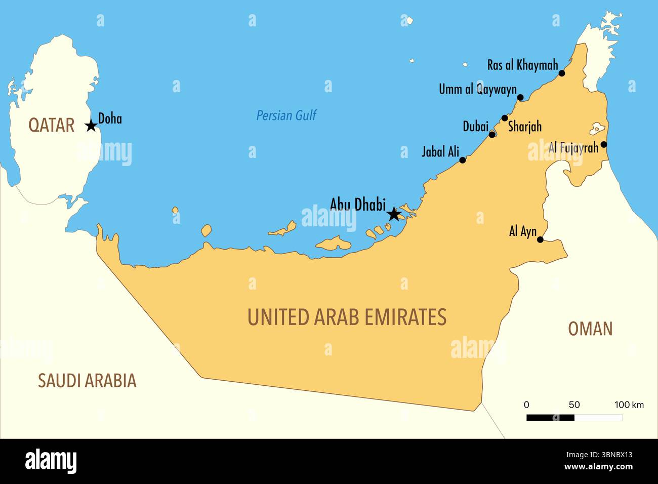 Map of United Arab Emirates with Major Cities and Neighboring Countries ...