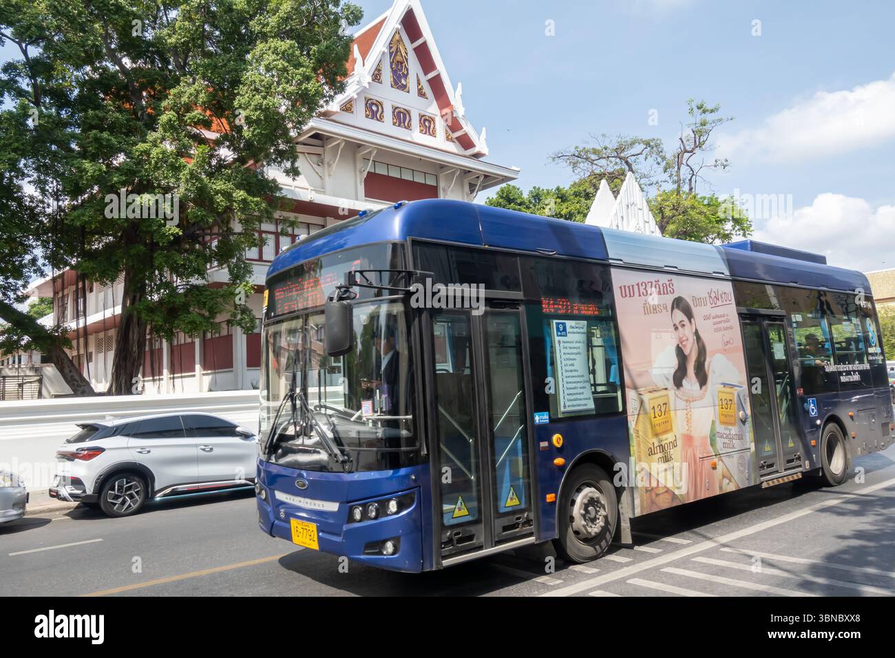 Almond milk ad on a mass transit NEX Minebus EV Bus in Bangkok, thailand Stock Photo - Alamy
