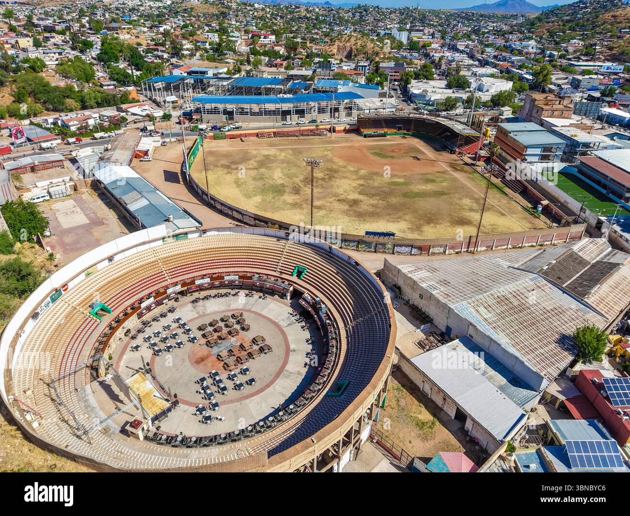 Aerial view of the bullring where bullfights and rodeo were held in the ...