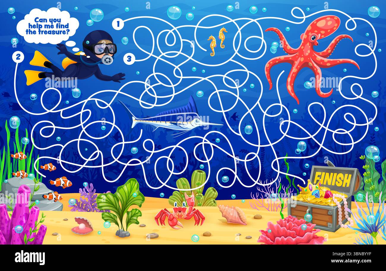 Kids labyrinth maze game, help to kid diver to find a pirate treasures ...