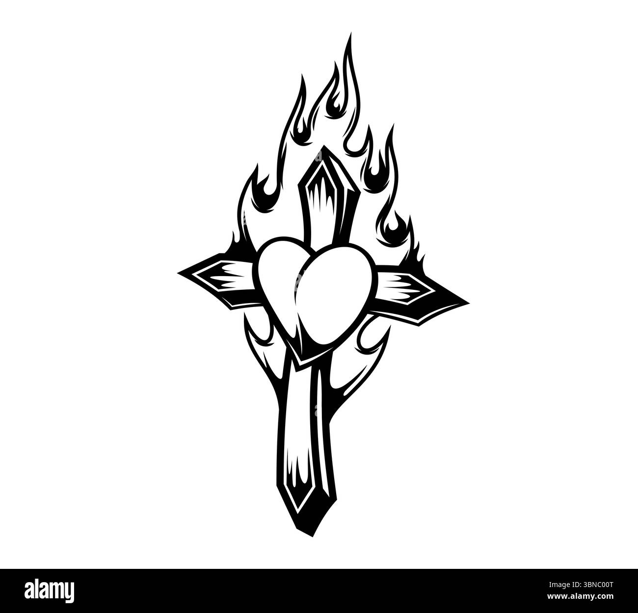 Christianity cross tattoo with fire flame and heart. Christian religion ...