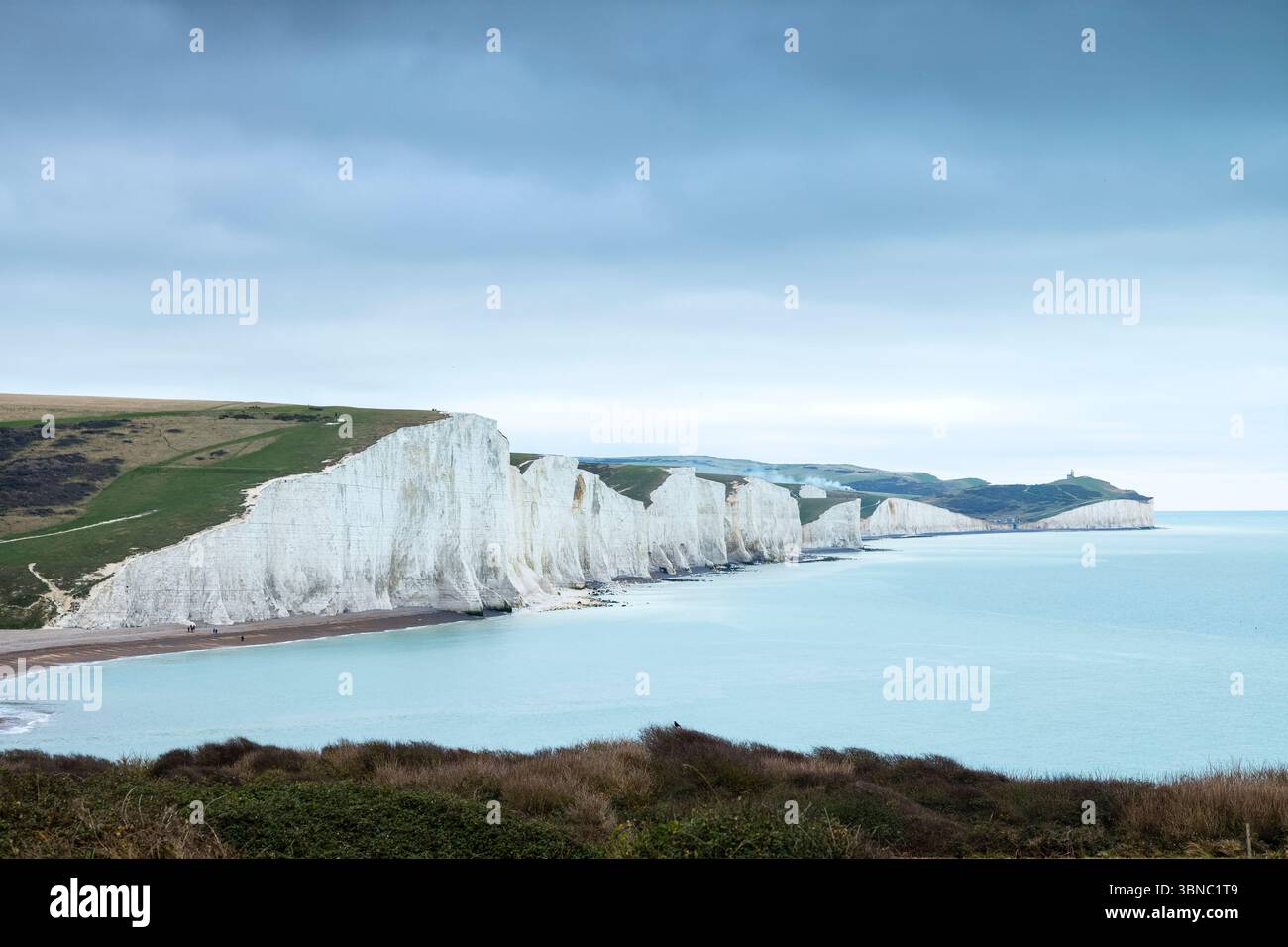 White chalk Seven Sisters Cliffs and Cuckmere Haven Beach at the mouth ...