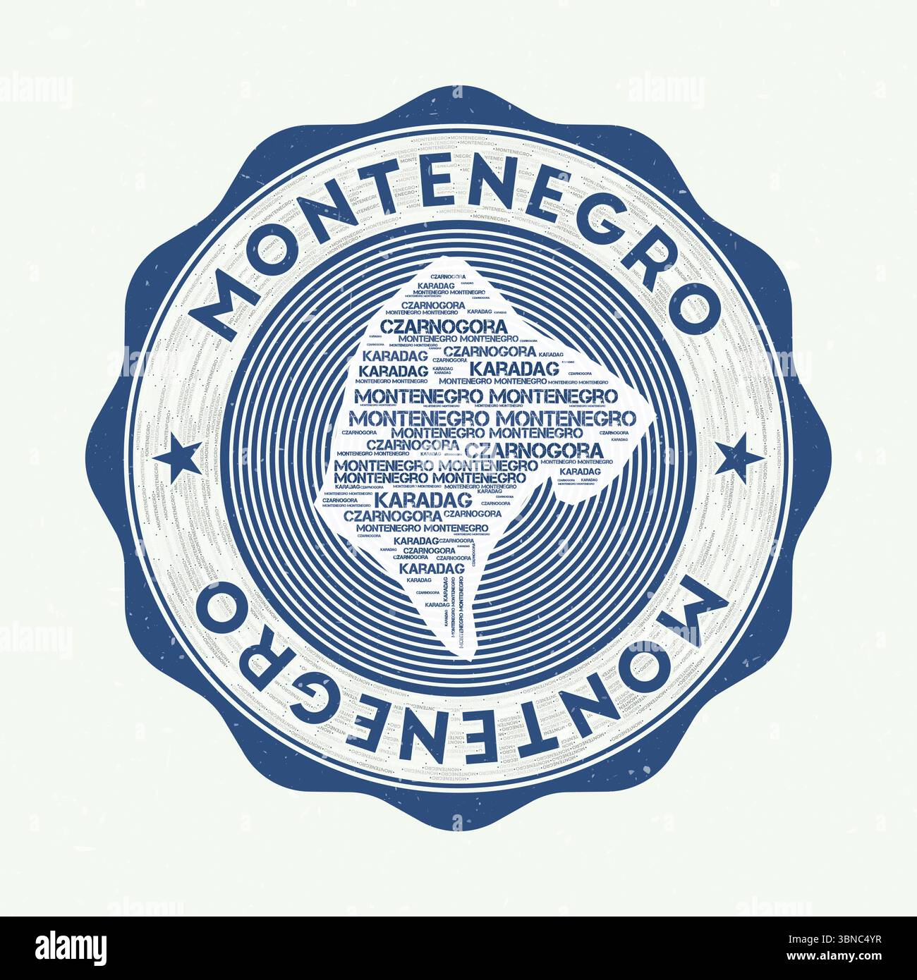 Montenegro seal. Country round logo with shape of Montenegro and ...
