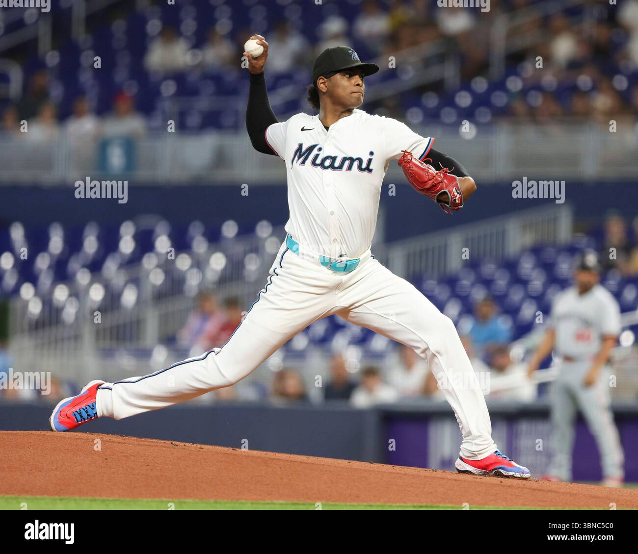 Miami Marlins starting pitcher Edward Cabrera throws during the first ...