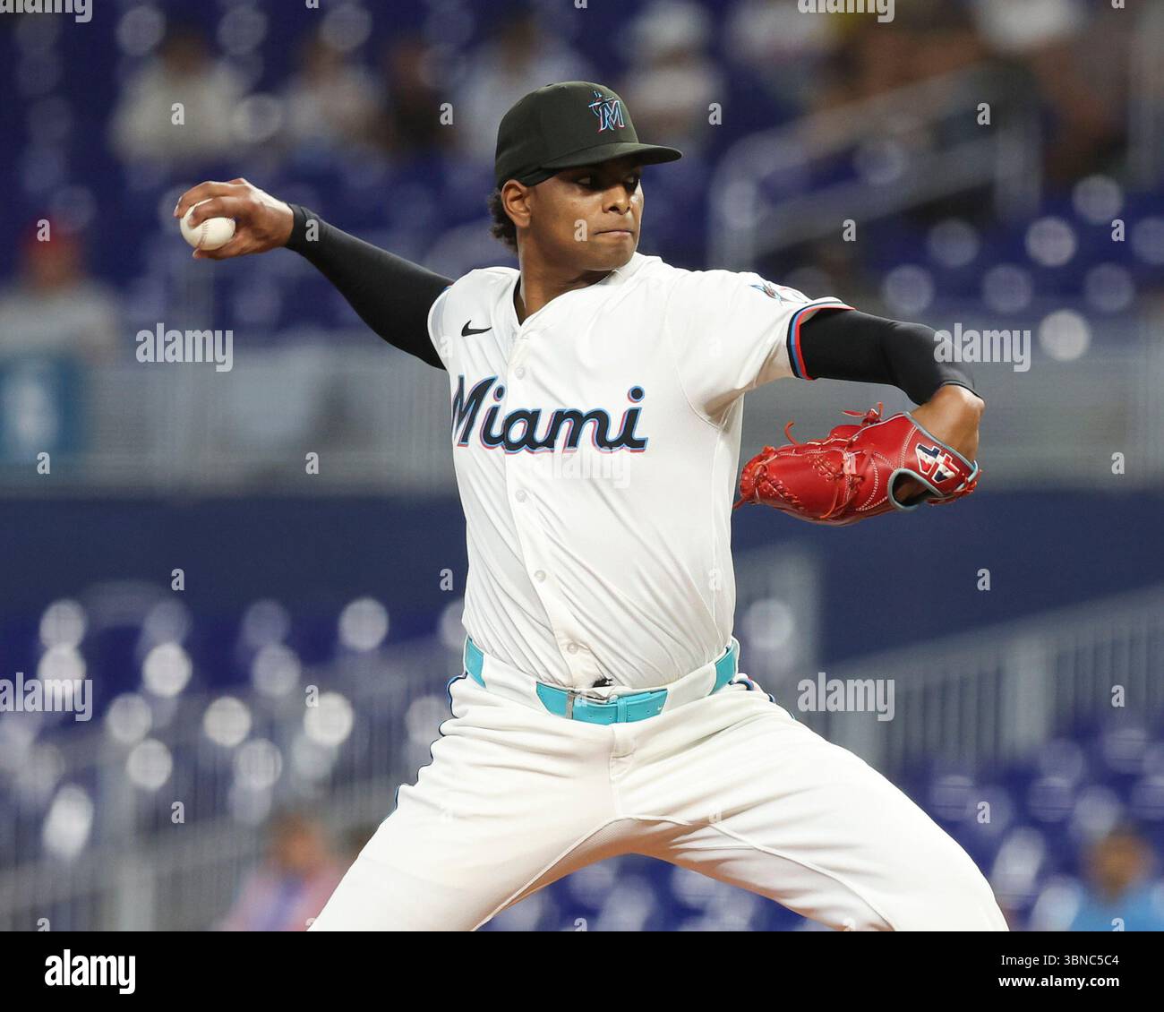 Miami Marlins starting pitcher Edward Cabrera throws during the first ...