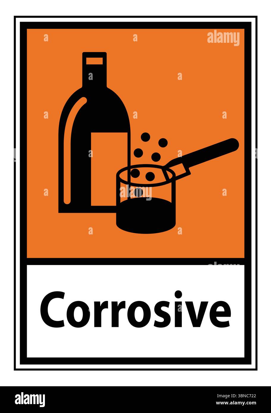 A clear illustration of a corrosive hazard sign featuring a chemical ...