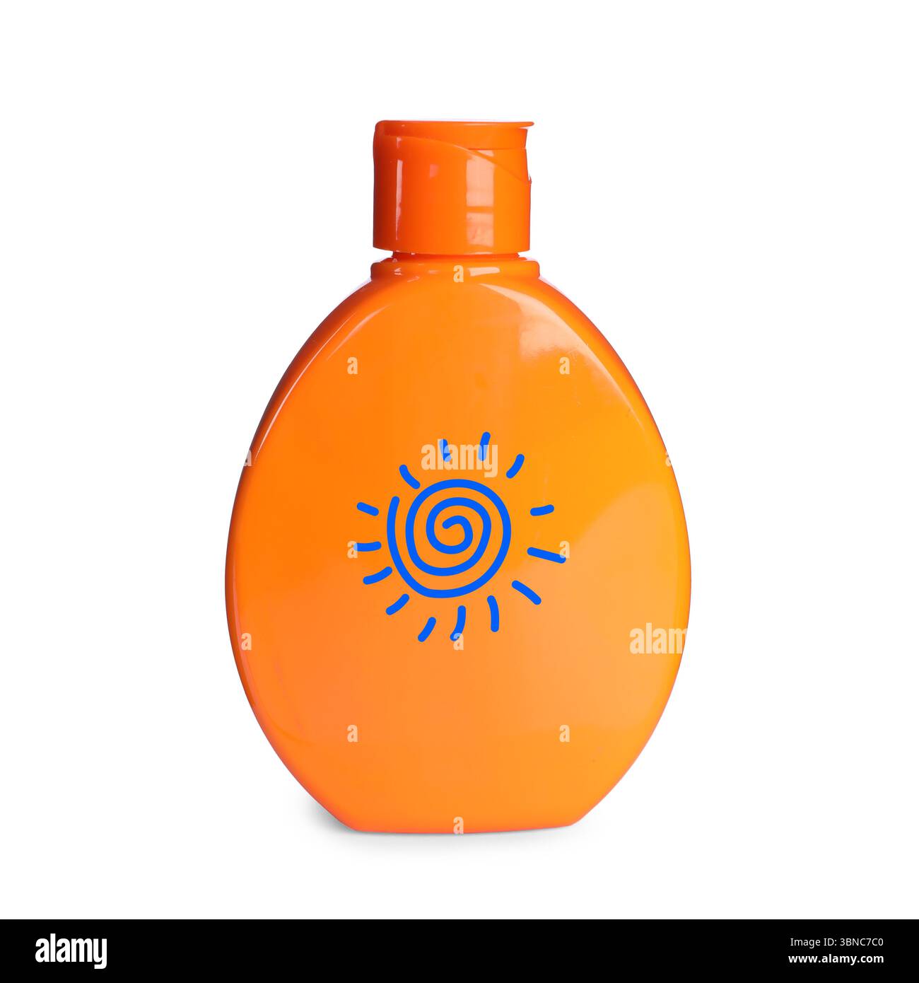 Sunscreen product in orange bottle with drawing of sun isolated on ...