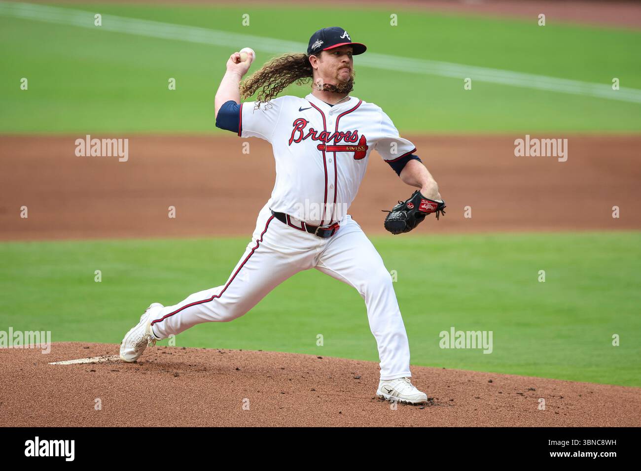 Atlanta Braves pitcher Grant Holmes delivers in the first inning of a ...