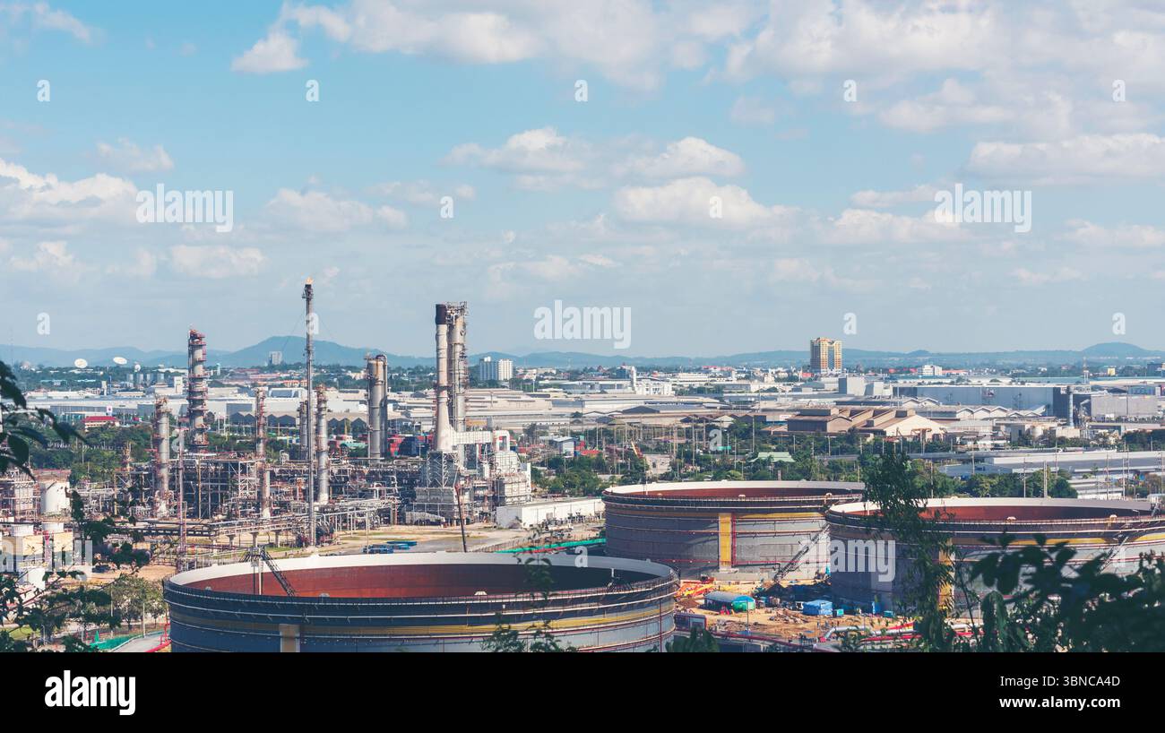Oil refinery gas petrol plant industry with crude tank, gasoline supply ...