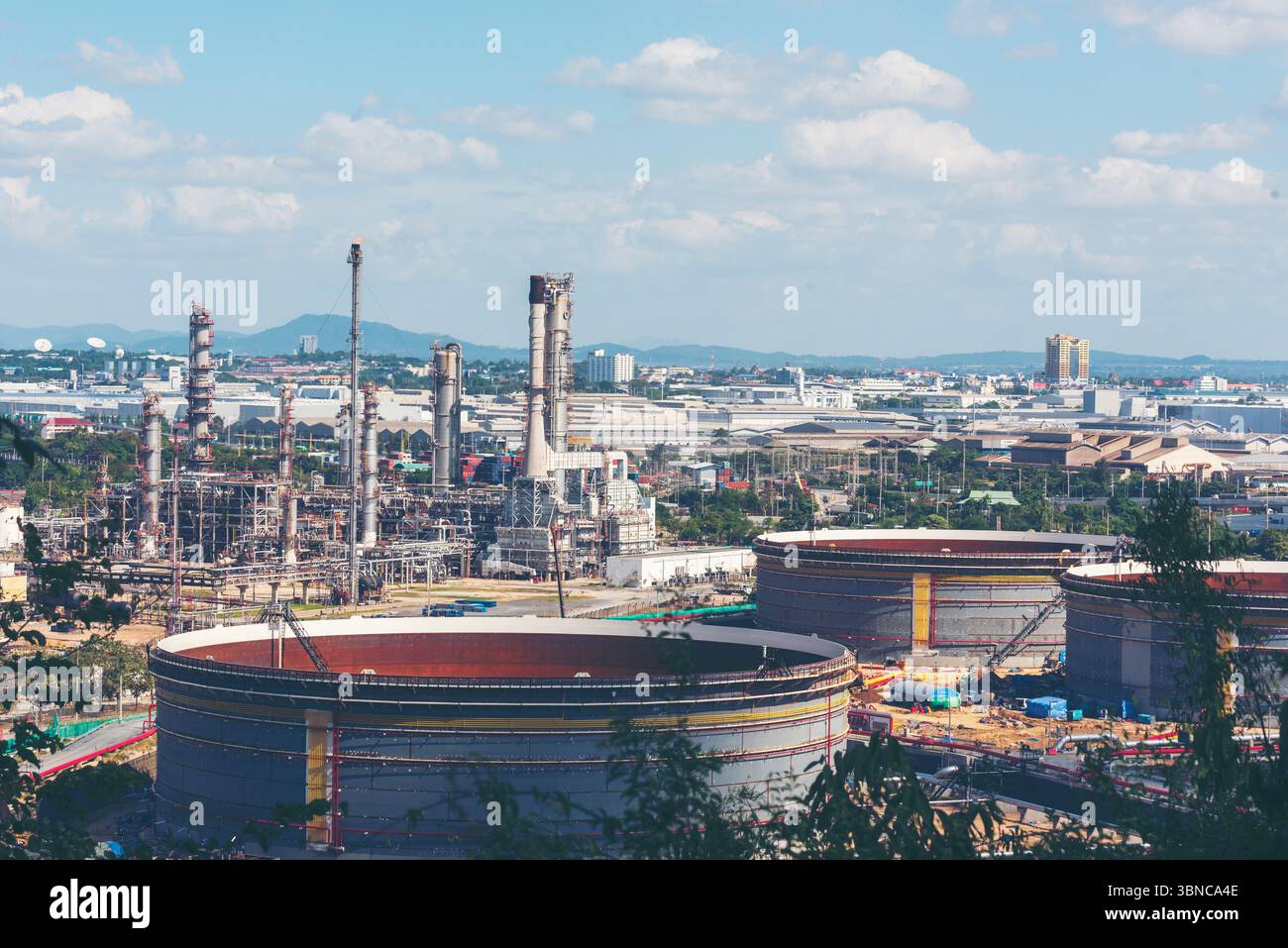 Oil refinery gas petrol plant industry with crude tank, gasoline supply ...