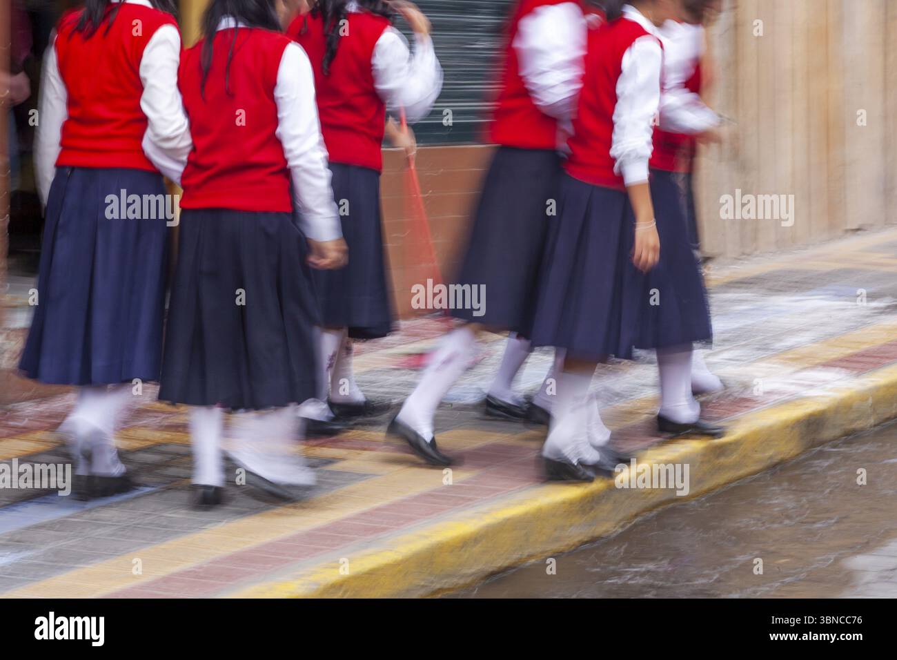 Group of female students walking to the college, Motion blur, City of ...