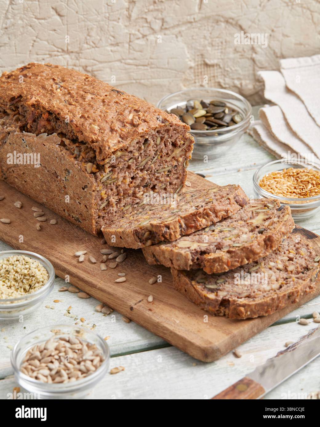 Plant-based protein bread topped with hemp, sunflower and pumpkin seeds ...