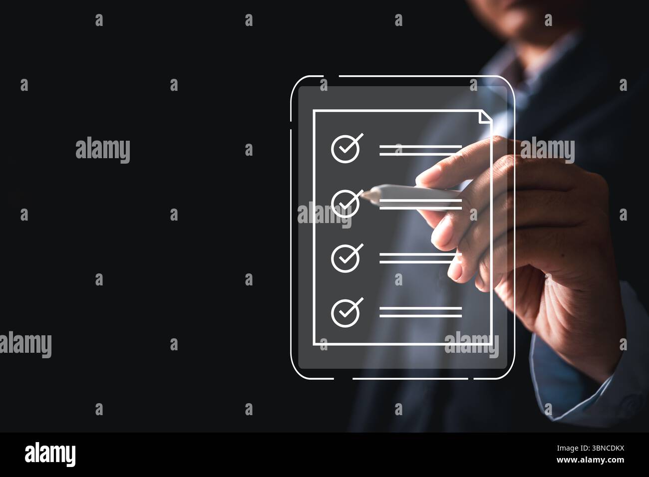 Woman using tablet, laptop futuristic digital interface icons manages ...