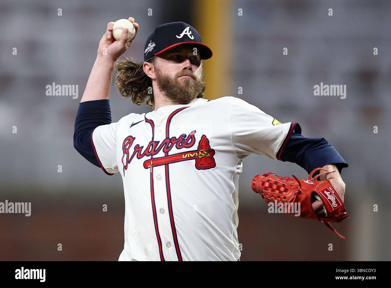 Atlanta Braves pitcher Pierce Johnson delivers in the seventh inning of ...
