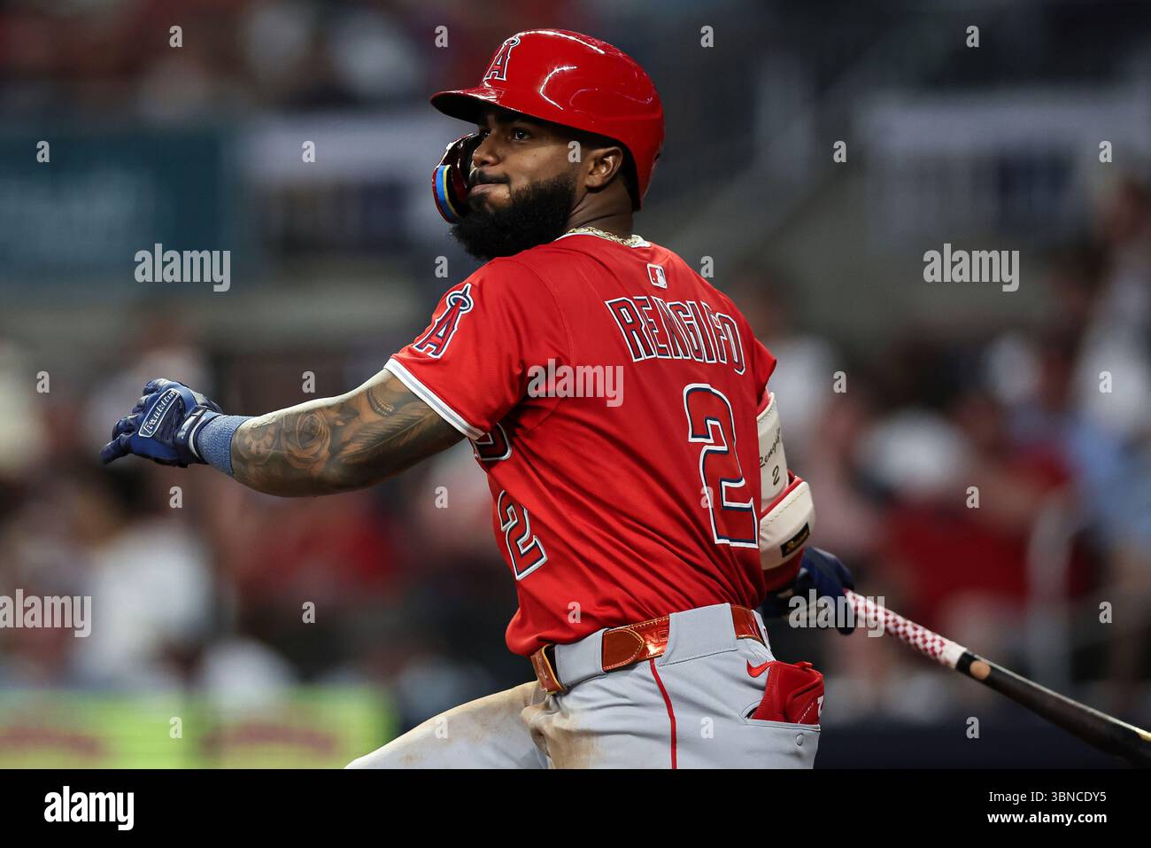 Los Angeles Angels' Luis Rengifo (2) swings at a pitch in the seventh ...